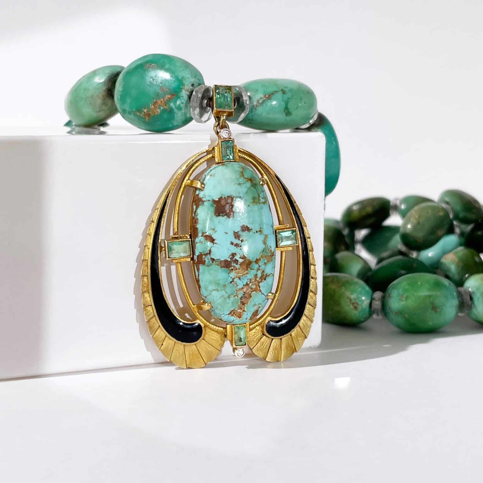 Sautoir turquoises, émeraudes, onyx et diamants "Anatolia" | ÓNÍSÌ PARIS